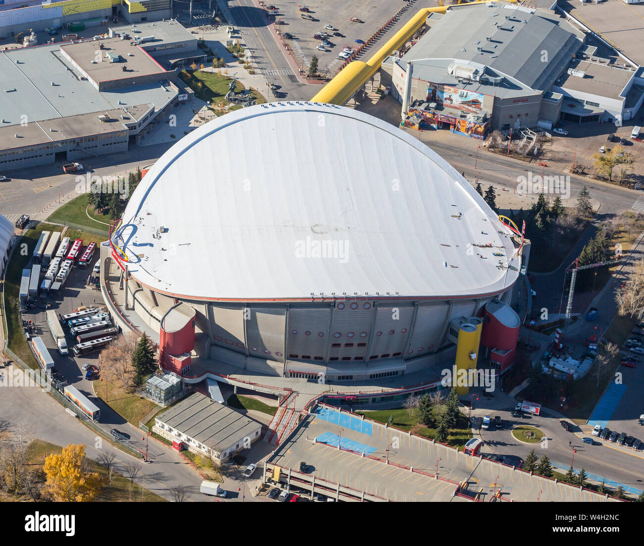 Aerial view of the Saddledome in the city of Calgary, Alberta Canada ...