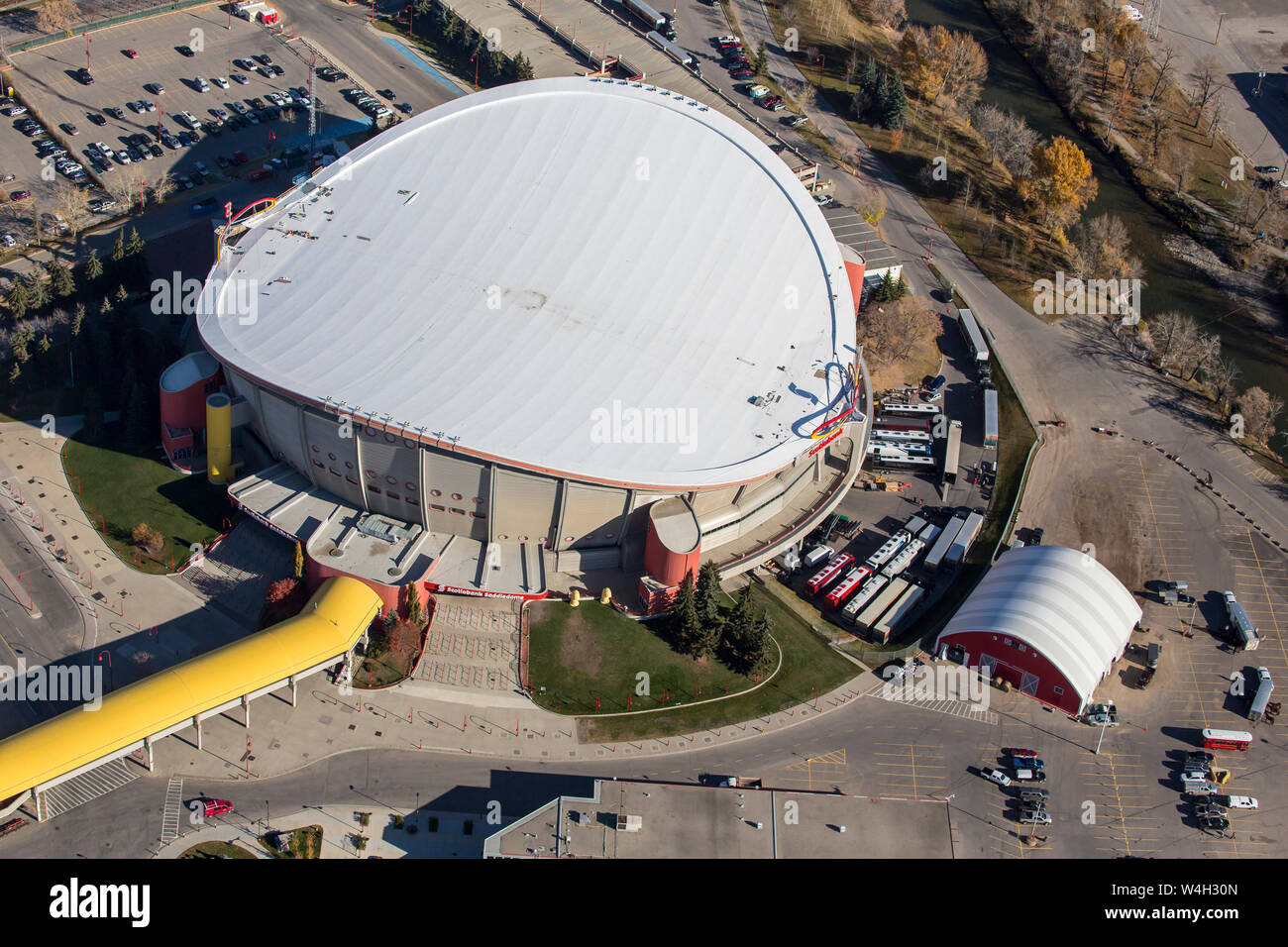 Aerial view of the Saddledome in the city of Calgary, Alberta Canada ...