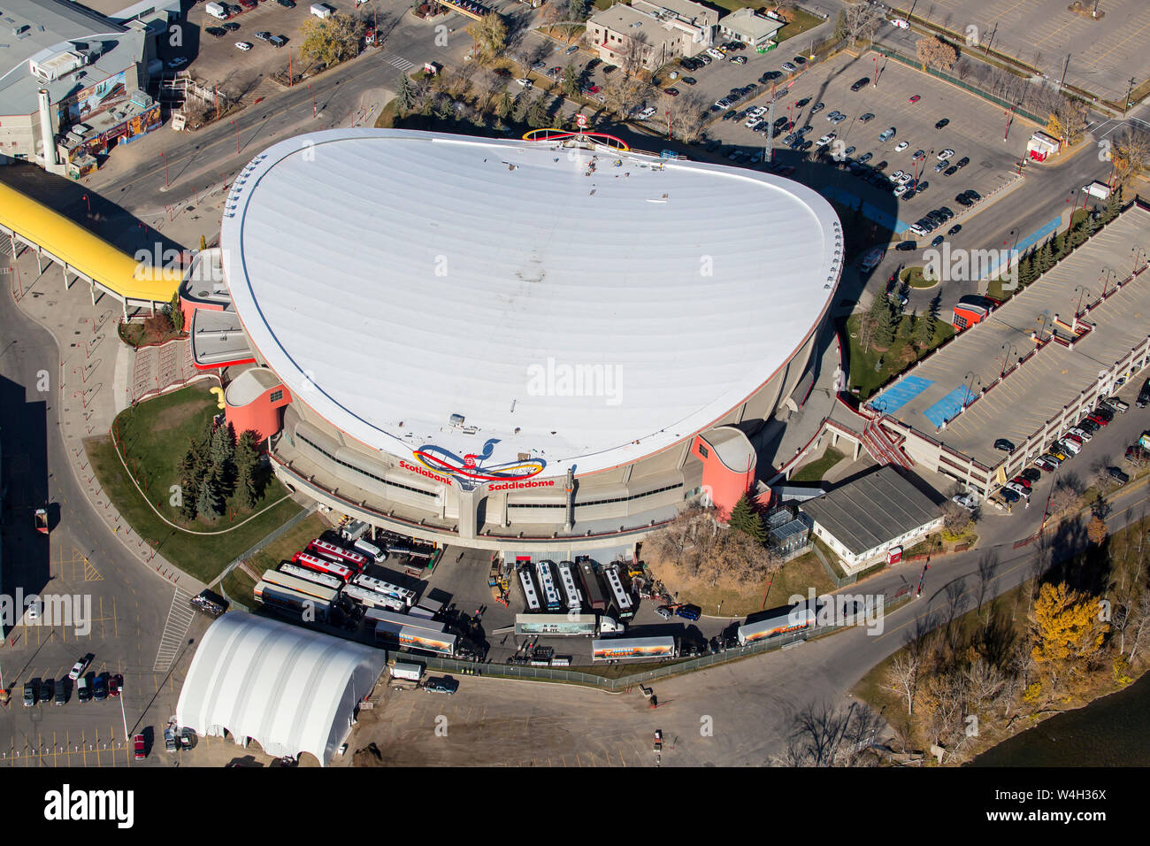 Aerial view of the Saddledome in the city of Calgary, Alberta Canada ...