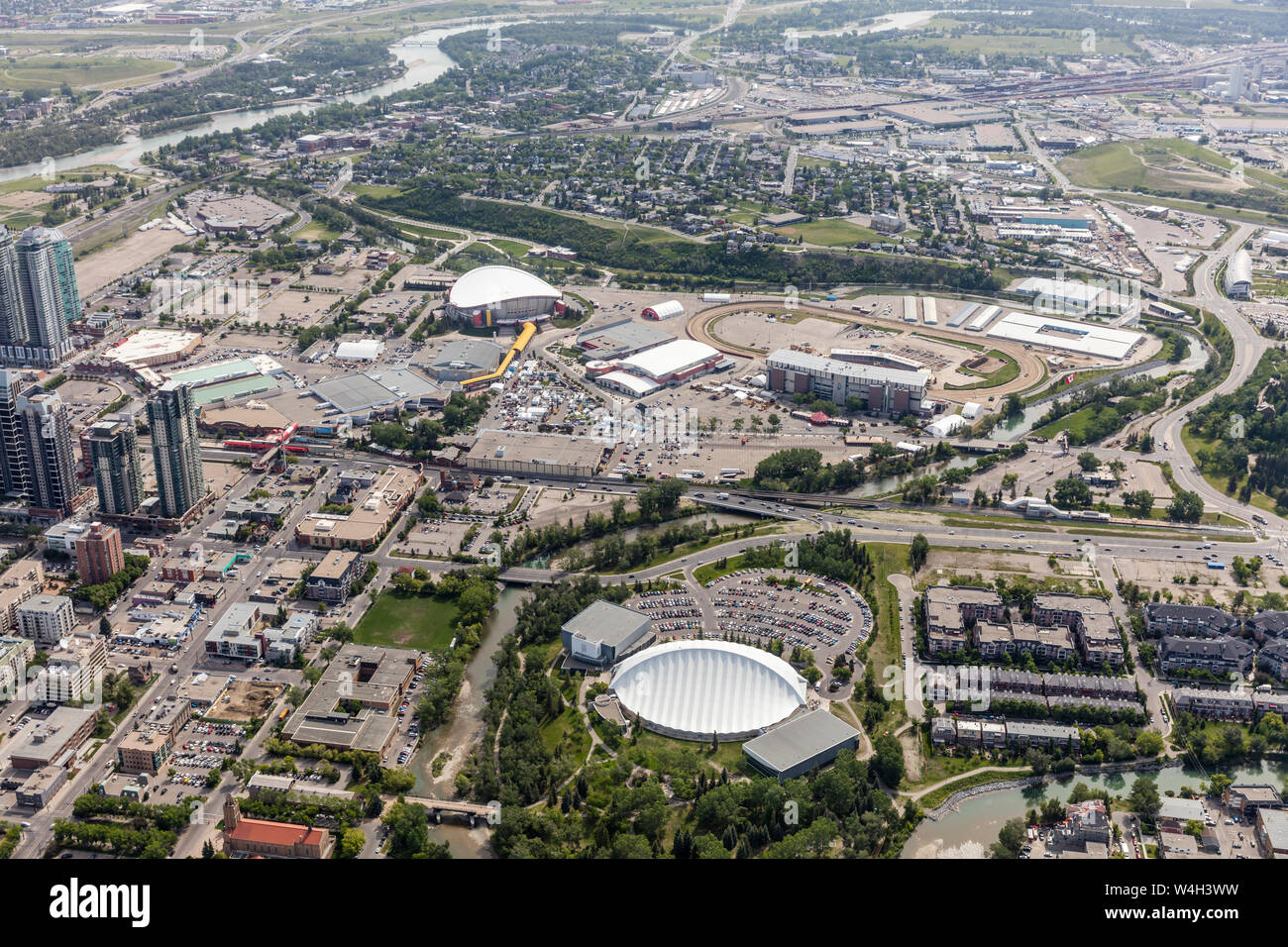 Aerial view of the Saddledome and Calgary Stampede Grounds Stock Photo ...
