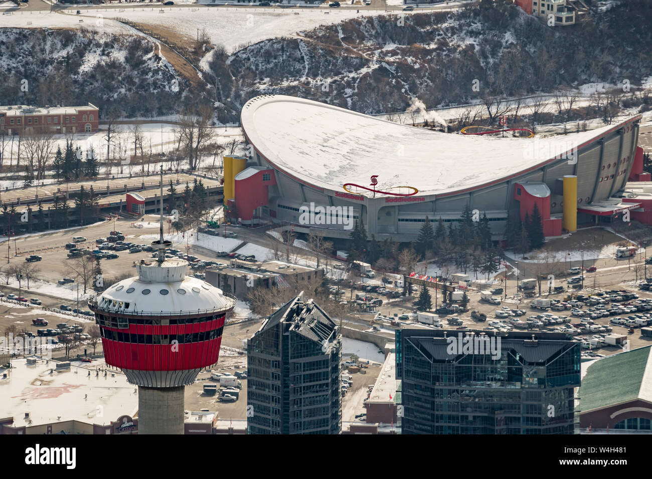 Aerial view of the Saddledome in the city of Calgary, Alberta Canada ...