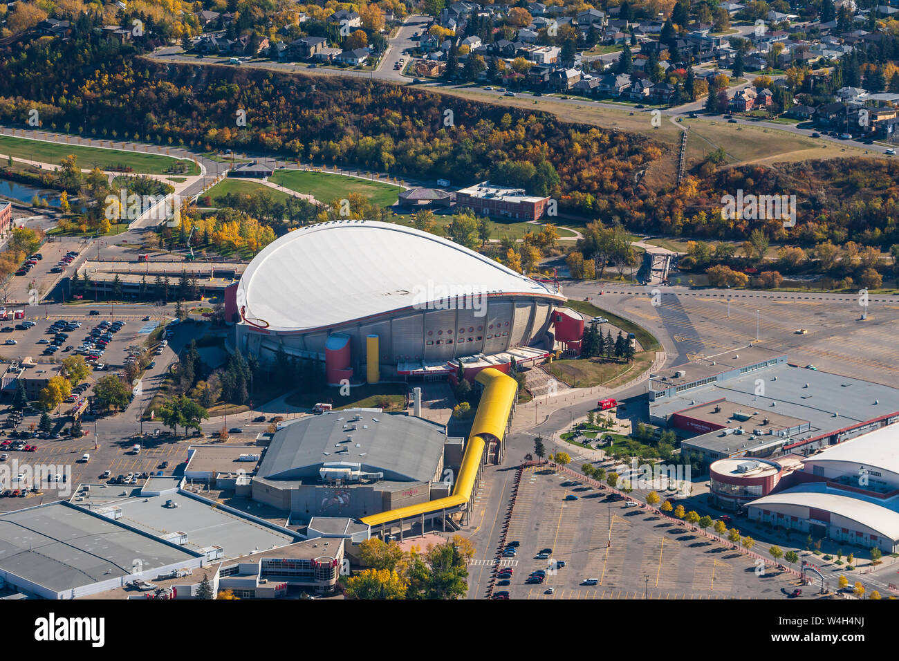 Aerial view of the Saddledome in the city of Calgary, Alberta Canada ...