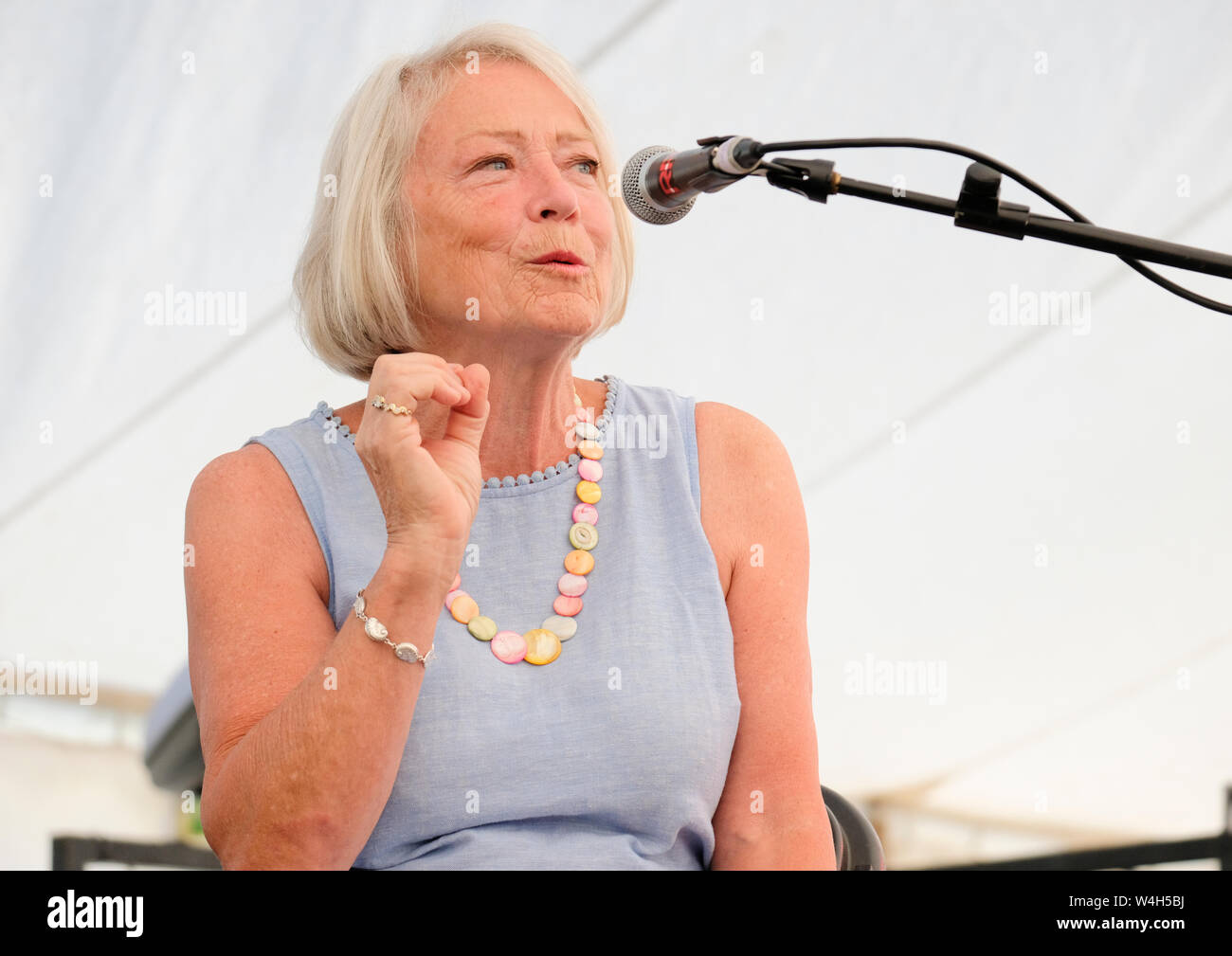 Kate Adie being interviewed at the Larmer Tree Festival, UK. July 20 ...