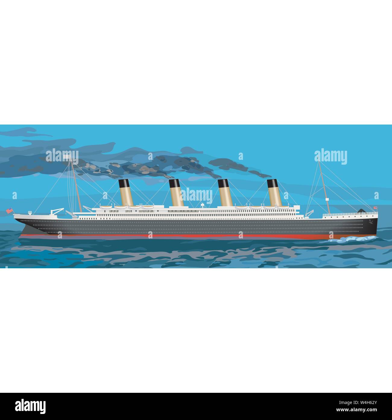 Titanic, vintage steam ship illustration with black smoke pouring out ...