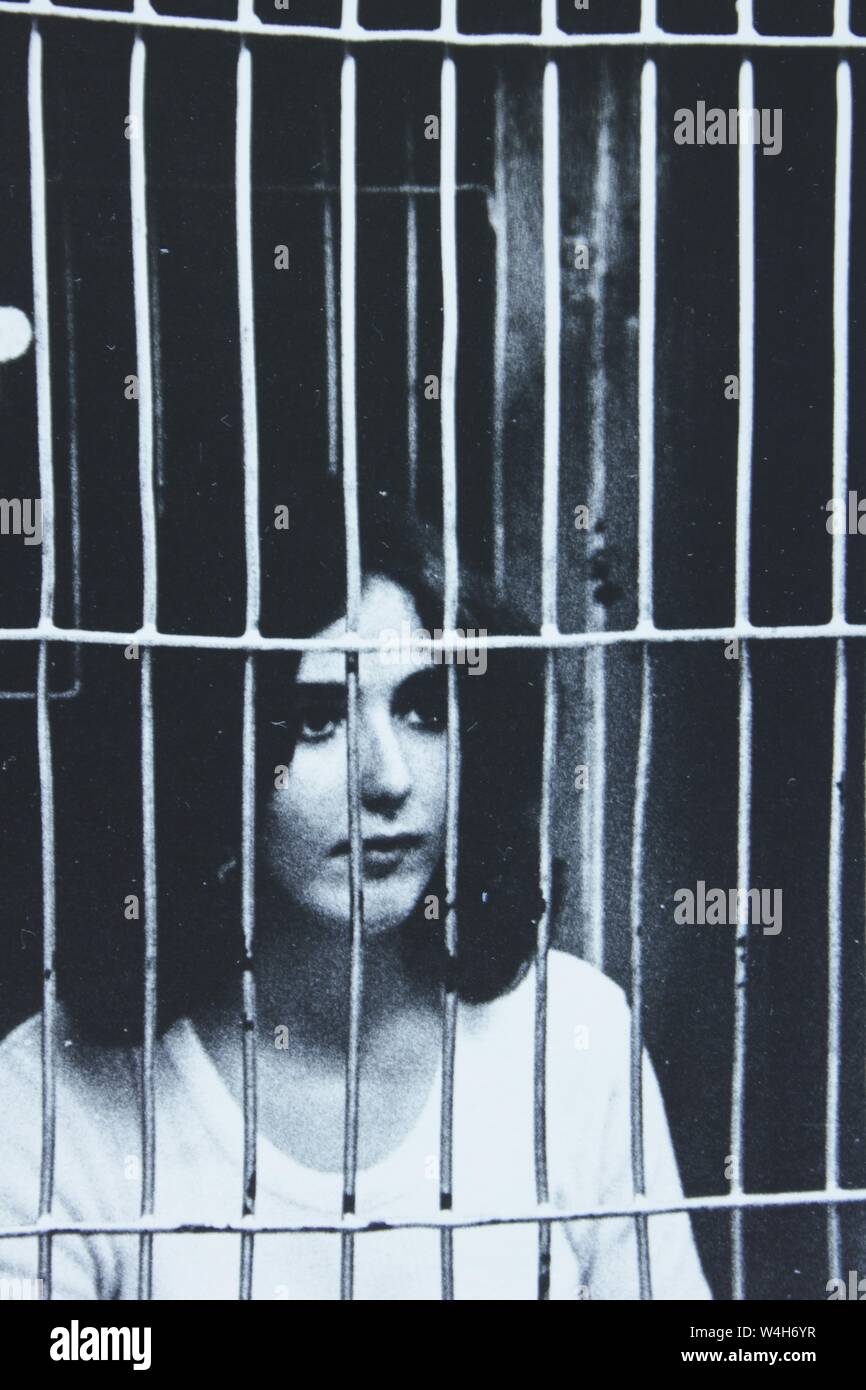 Fine black and white art photography of a woman carnival ride worker from the 1970s, carny Stock ...