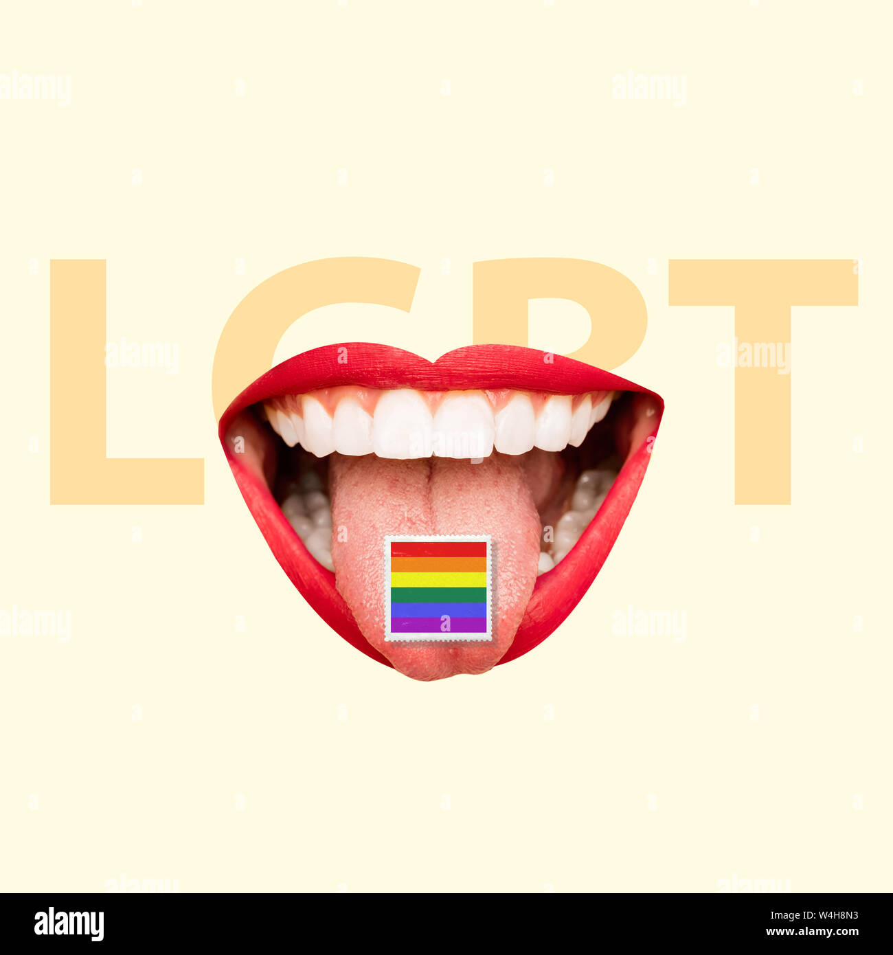 Big female mouth with red lips and white teeth, flag of LGBT community ...