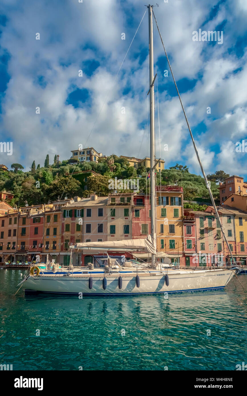 Luxury yacht moored in the harbor in Portofino, Italy on the Italian ...