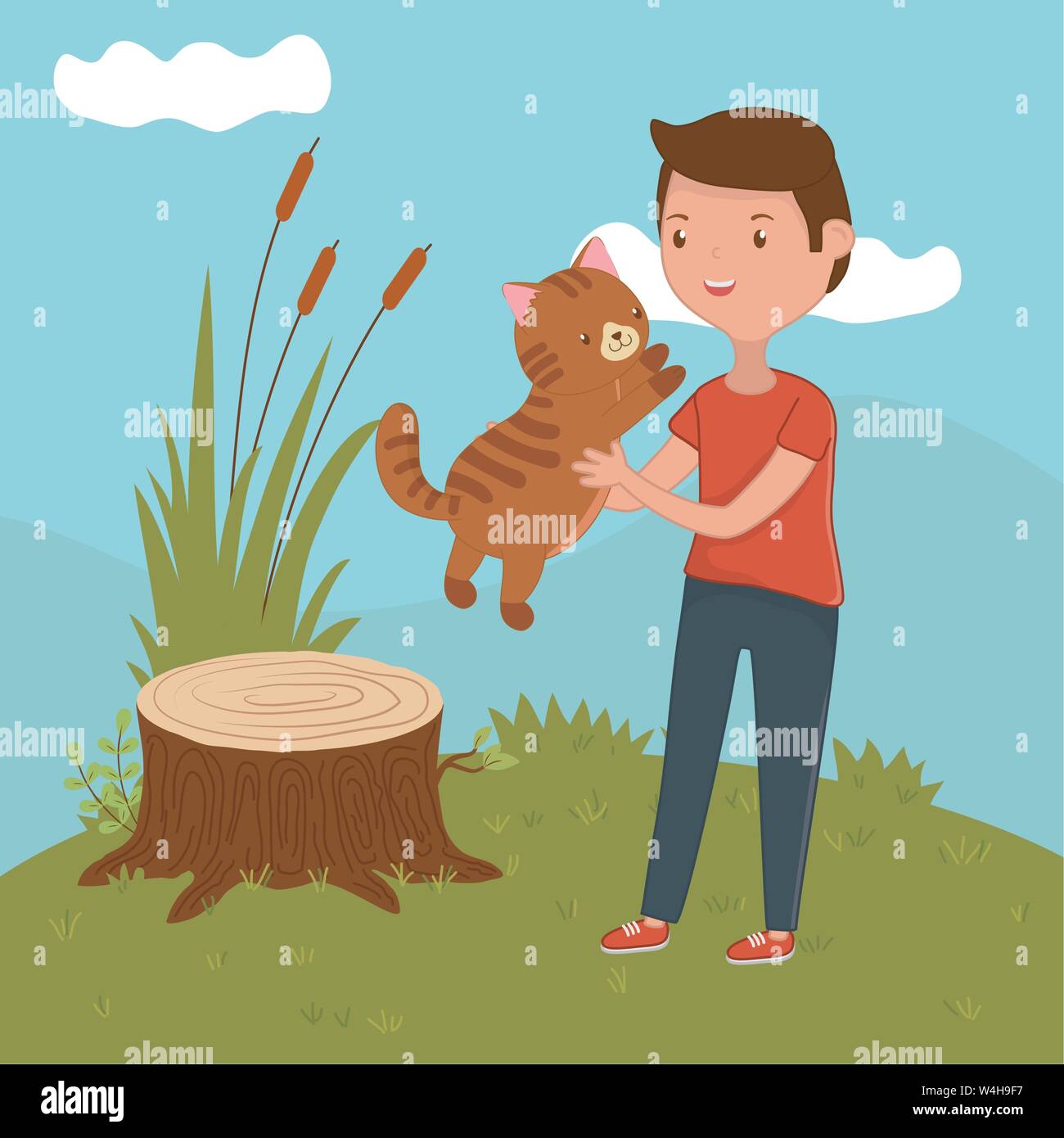 Boy with cat cartoon design, Mascot pet animal domestic cute life ...