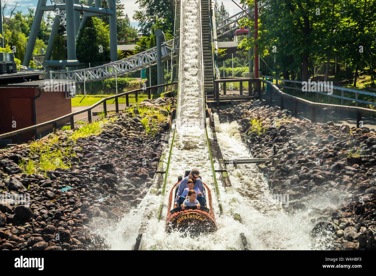 Tampere, Finland - 24 June 2019: Fun water ride Log river in amusement ...