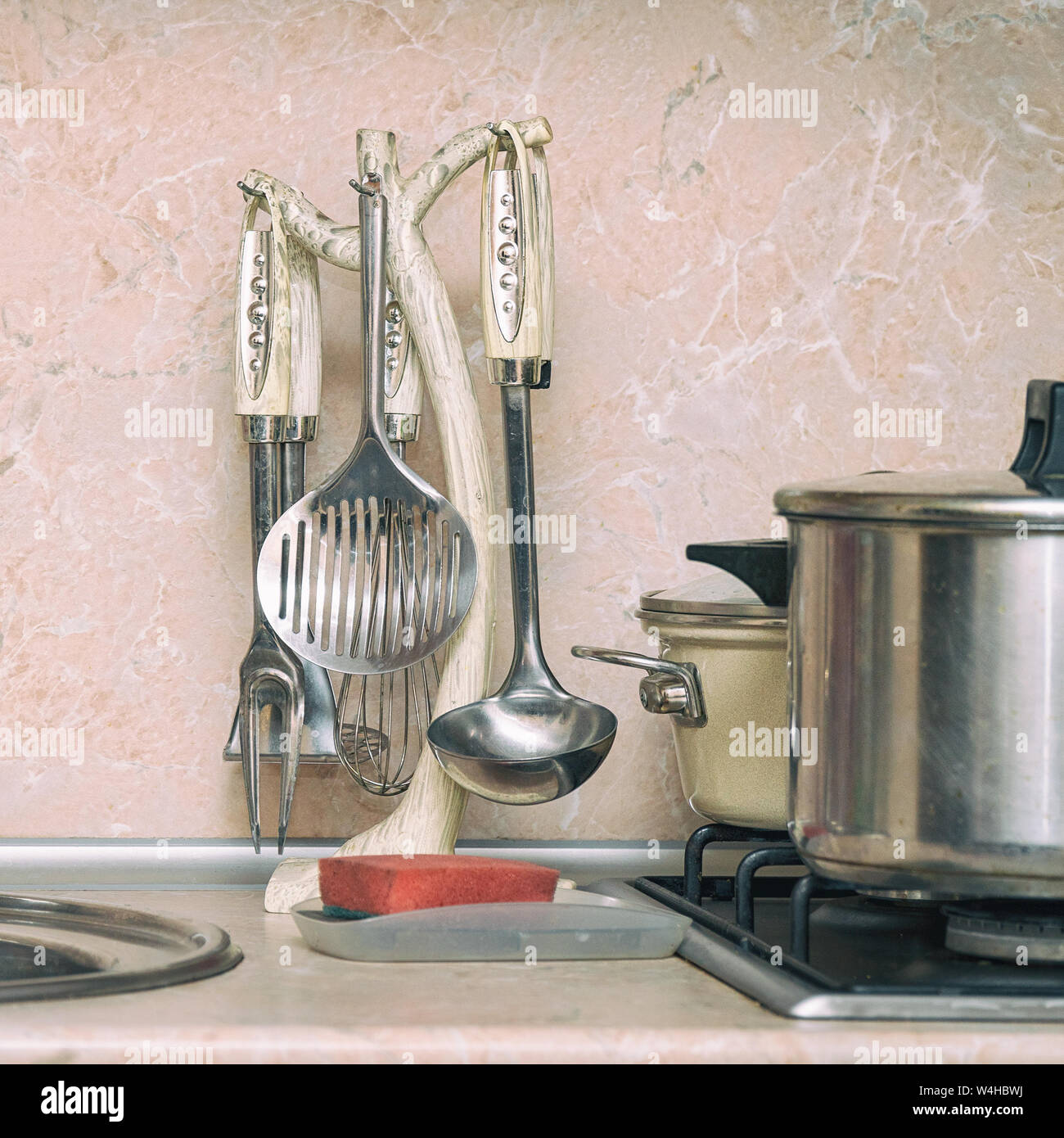 Different Kitchen Utensils - ladle, pan Stock Photo - Alamy