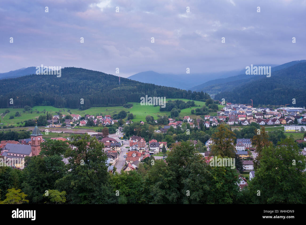 Germany, Evening mood over little black forest village Elzach in elz ...