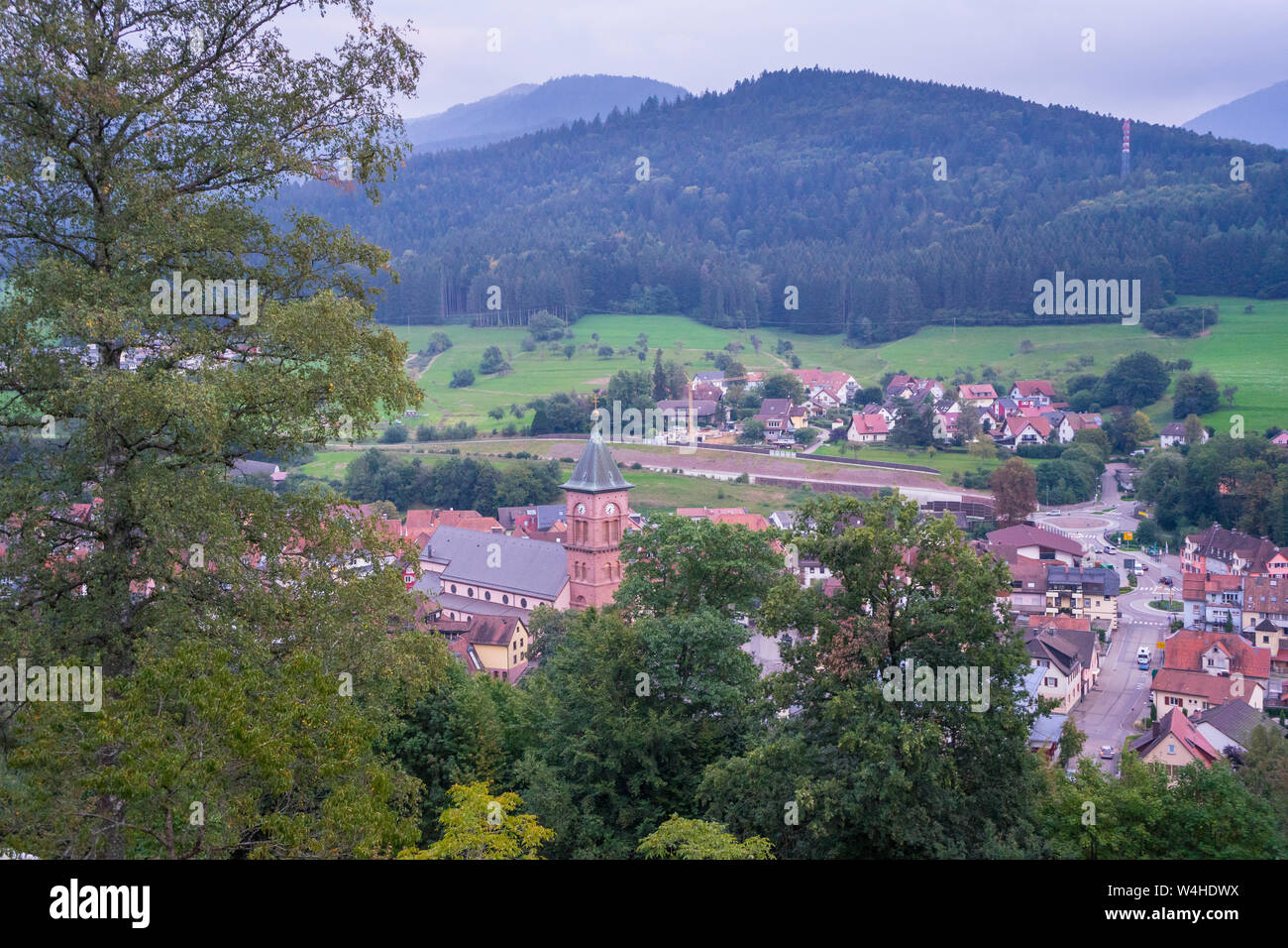 Germany, Little town Elzach in black forest nature landscape with red ...