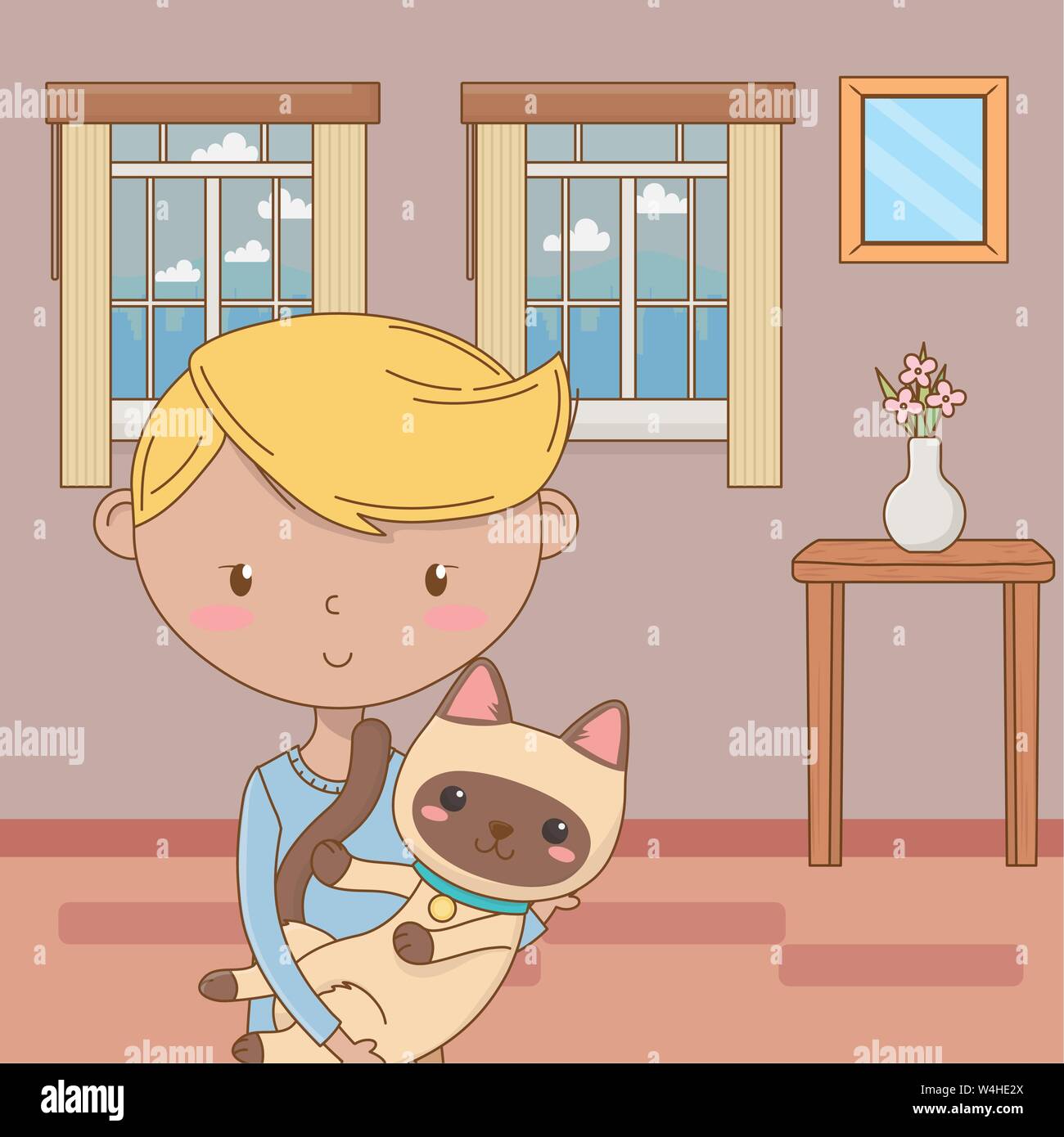 Boy with cat cartoon design, Mascot pet animal domestic cute life ...