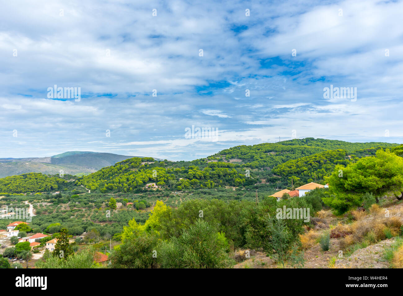 Greece, Zakynthos, Green pine tree covered mountains and hills of greek ...