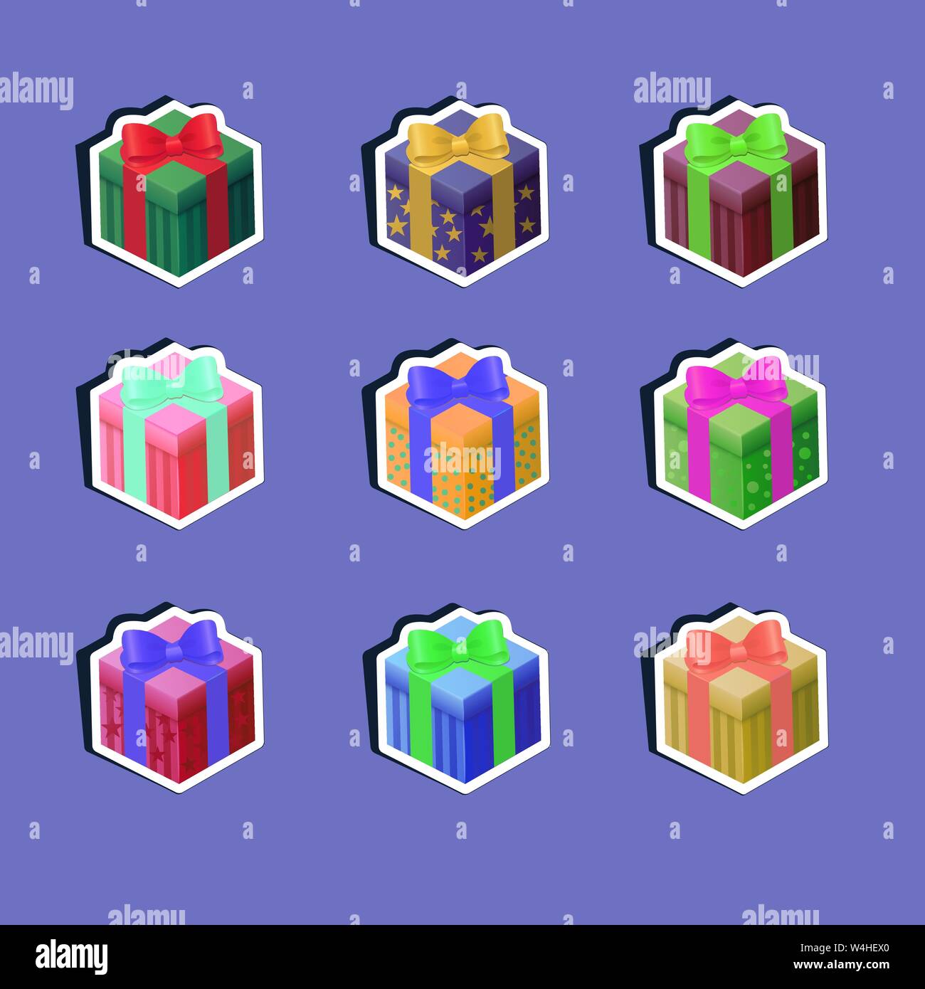 Set of nine gift boxes. Bright multi-colored boxes tied with satin ...