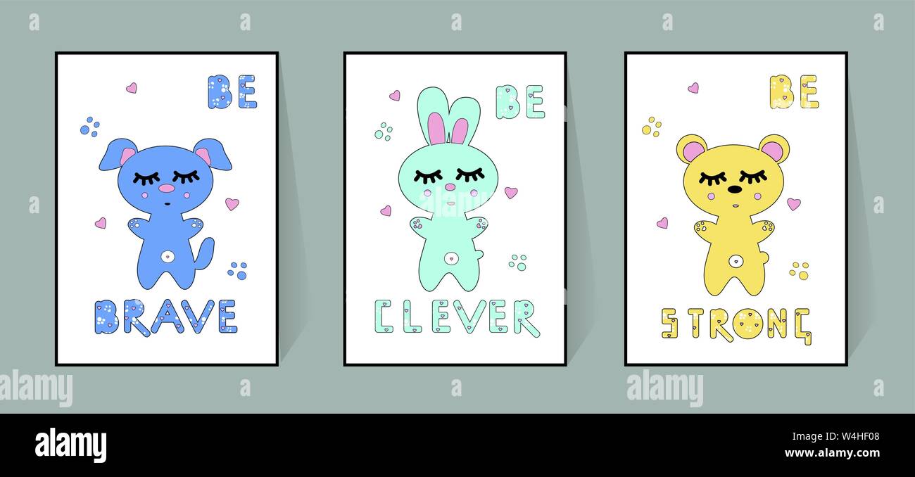 Set of cute nursery posters including bear, banny, dog, tribal elements ...