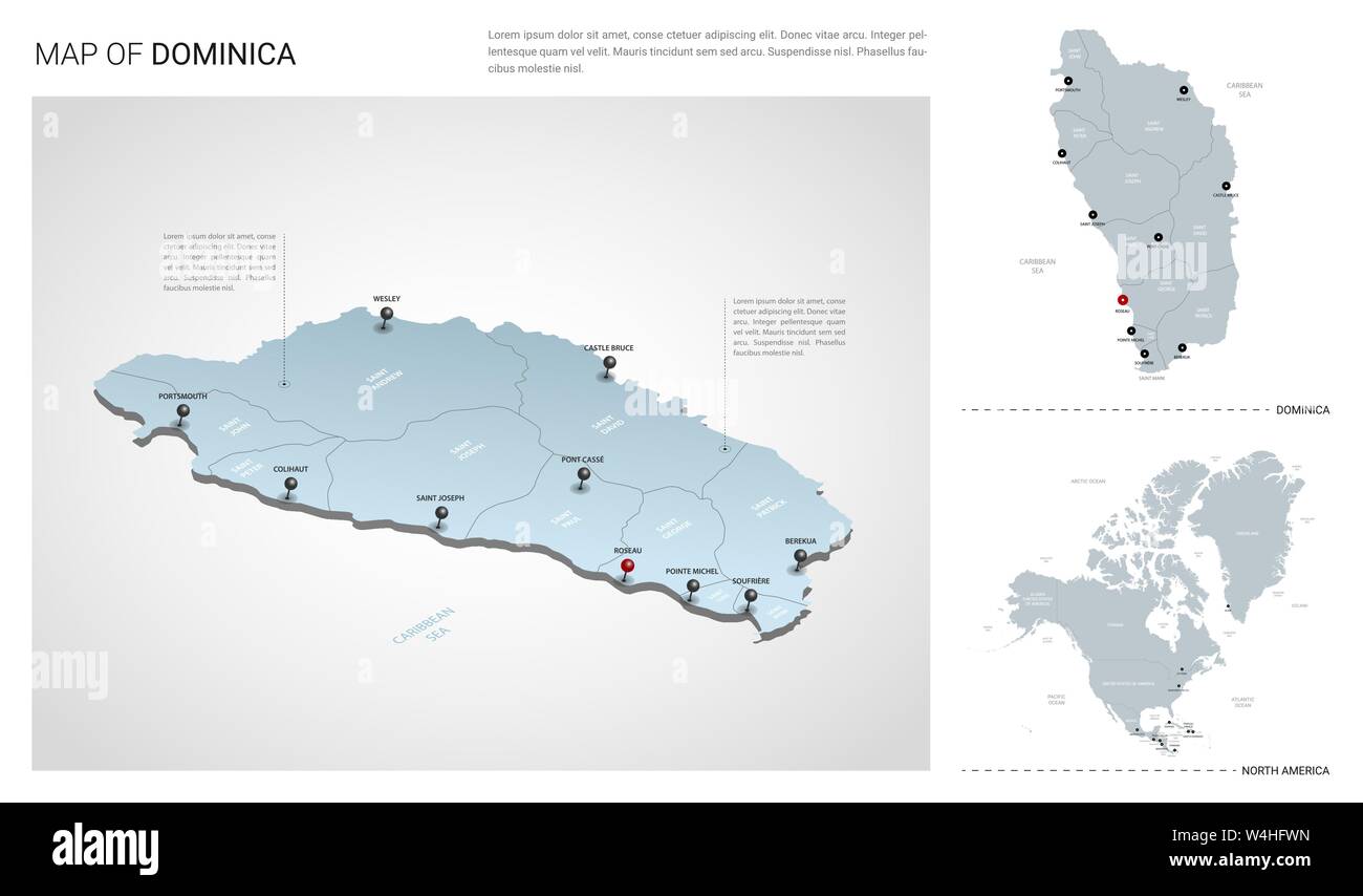 Vector set of Dominica country. Isometric 3d map, Dominica map, North ...