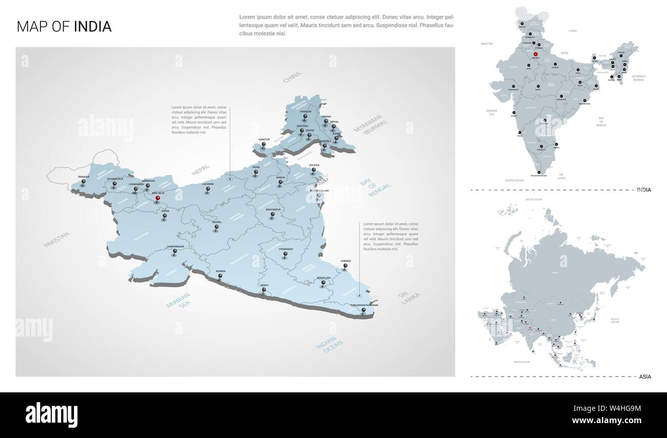 Vector set of India country. Isometric 3d map, India map, Asia map ...