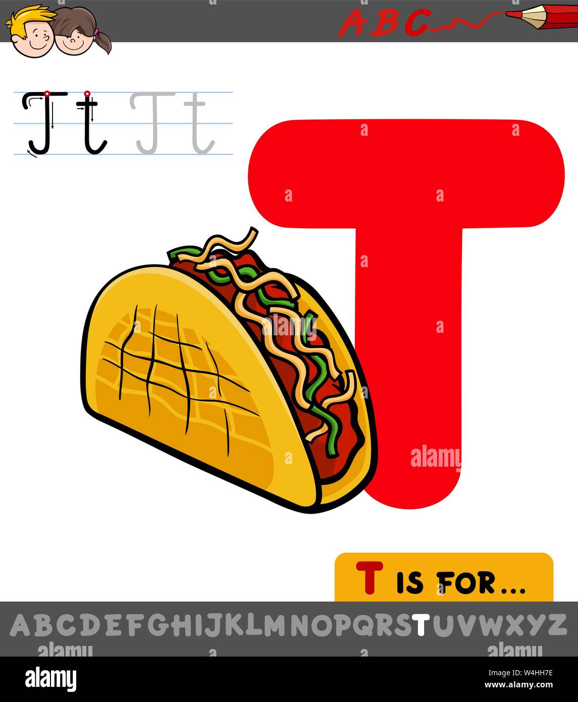 Educational Cartoon Illustration of Letter T from Alphabet with Taco ...