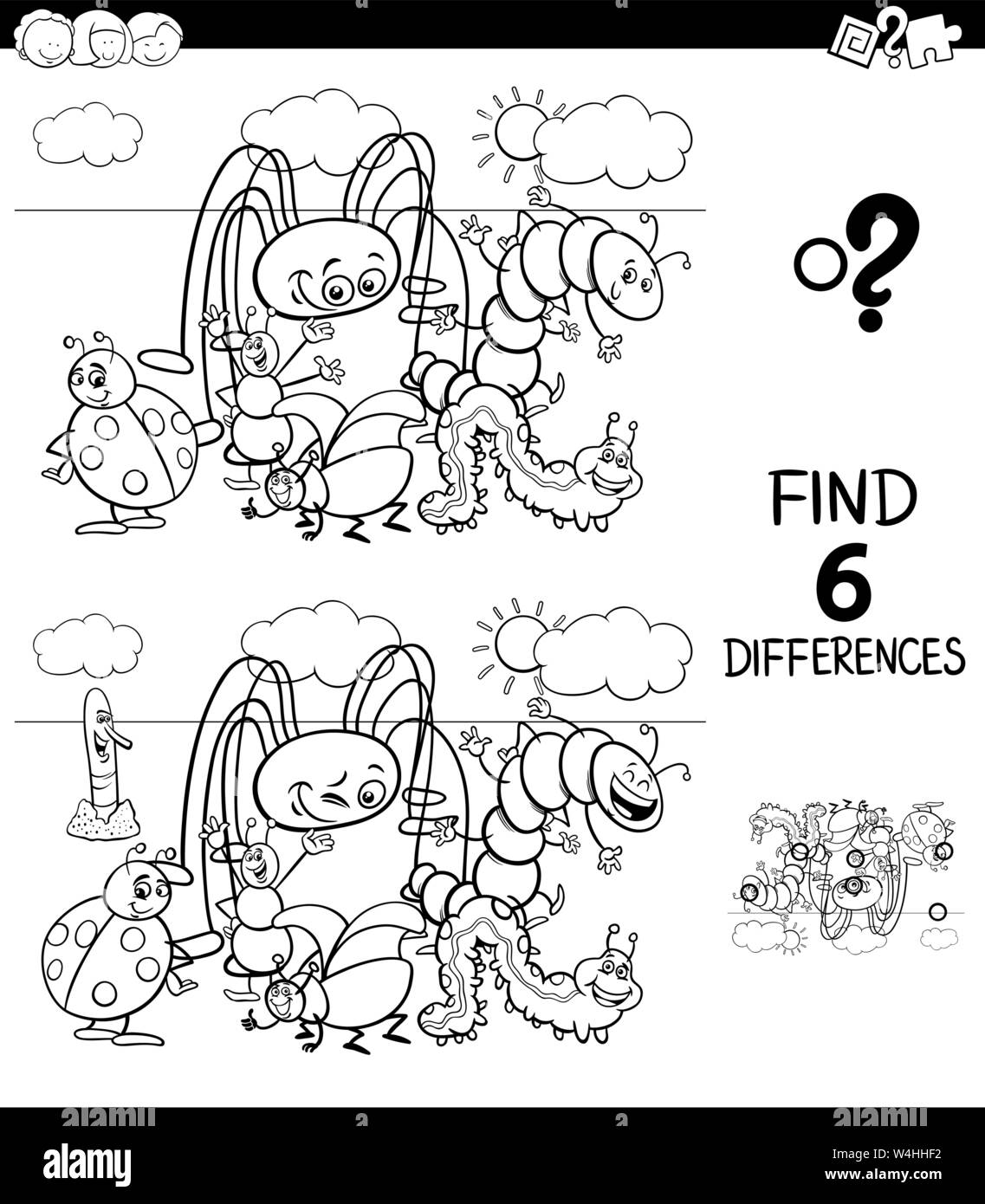Black and White Cartoon Illustration of Finding Six Differences Between ...