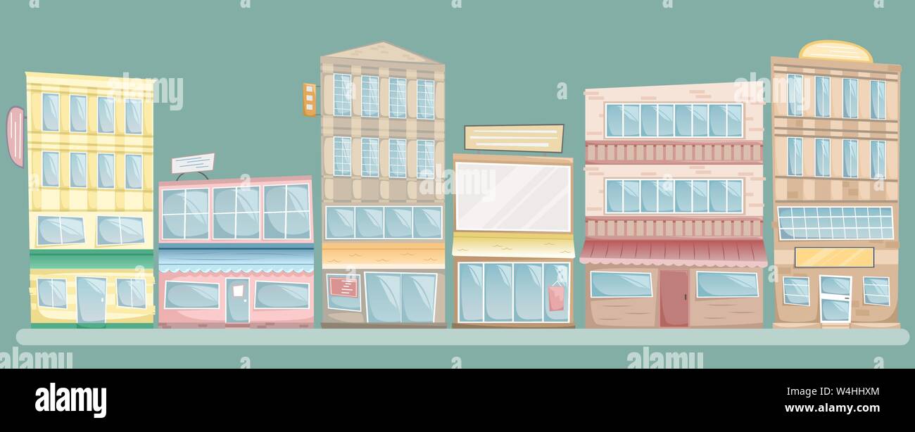 Set of flat vector buildings in cartoon style. Six bright architectural ...