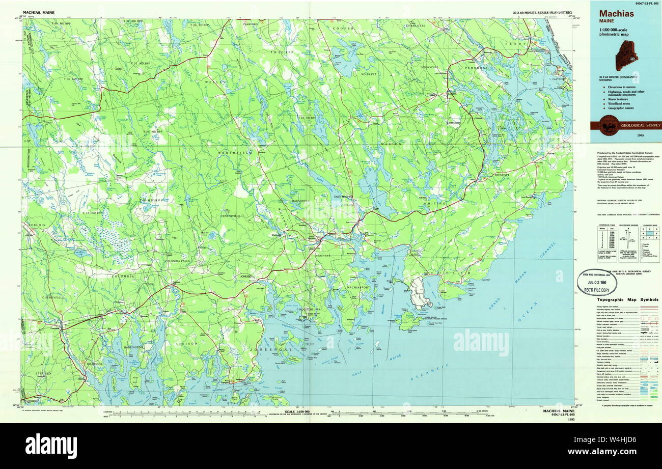 Maine USGS Historical Map Machias 808049 1985 100000 Restoration Stock ...