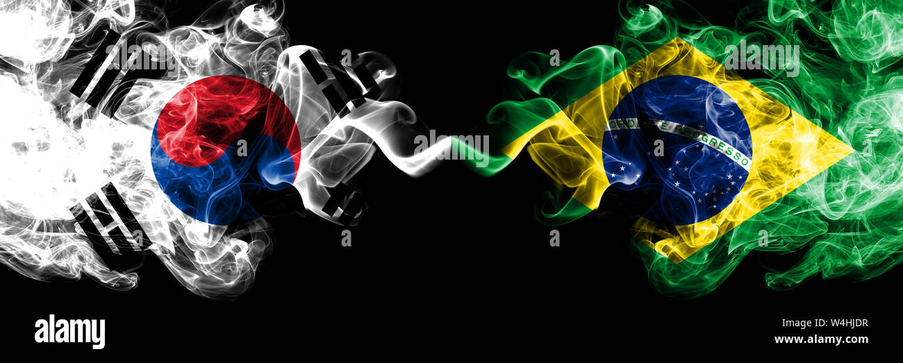 South Korea vs Brazil, Brazilian smoky mystic flags placed side by side ...