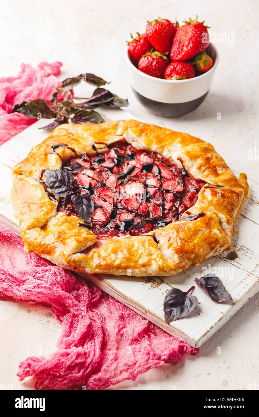 Homemade strawberry open pie gallet with purple basil and balsamic ...