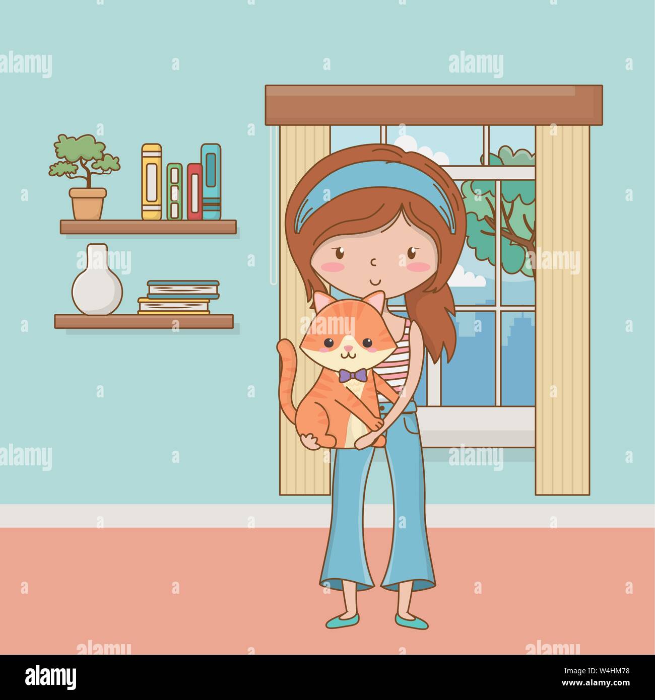 Girl with cat cartoon design, Mascot pet animal domestic cute life ...