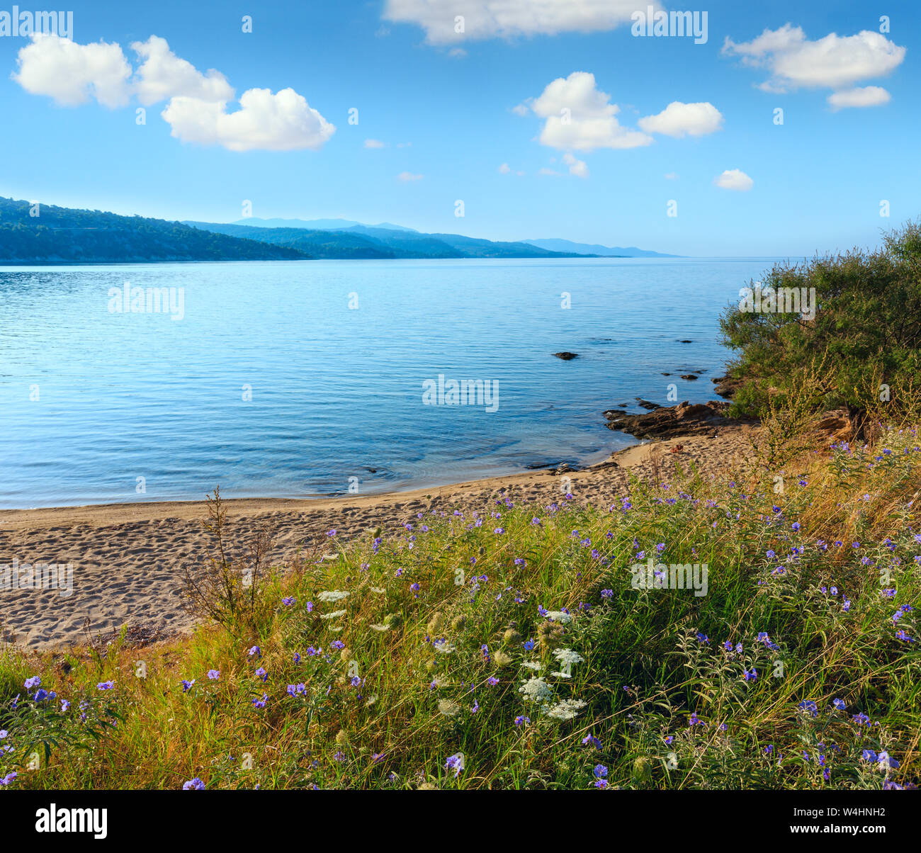 Morning sandy Kastri beach summer view, Nikiti, Sithonia, Halkidiki ...