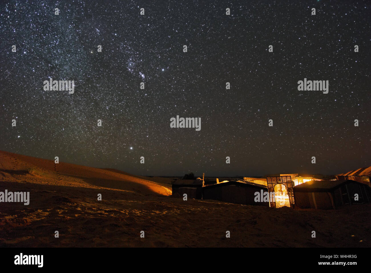Bright stars above the camp tents in Sahara desert in Morocco Africa ...