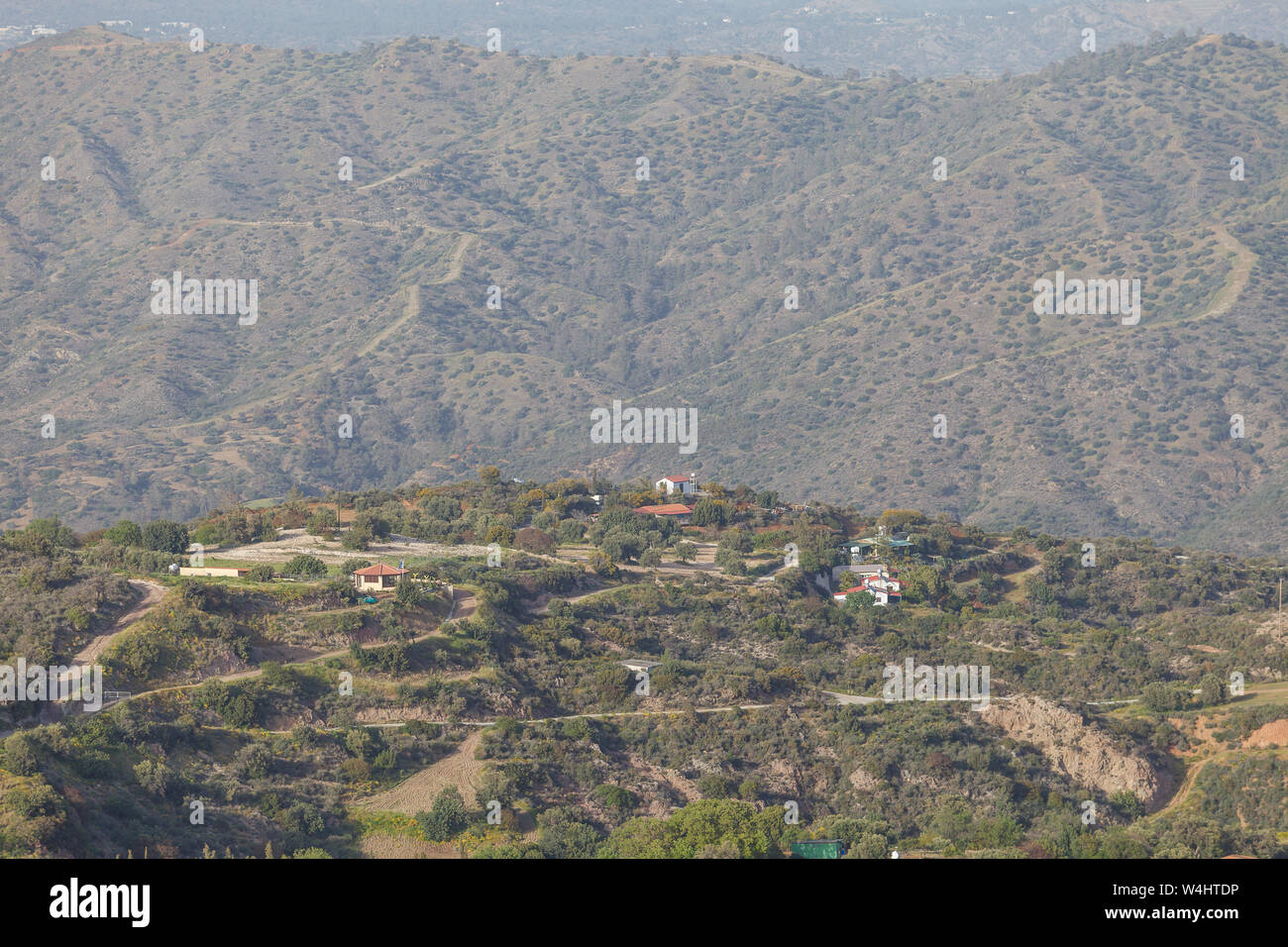 Traditional rural greek scenic mountaine view, olives and other trees ...