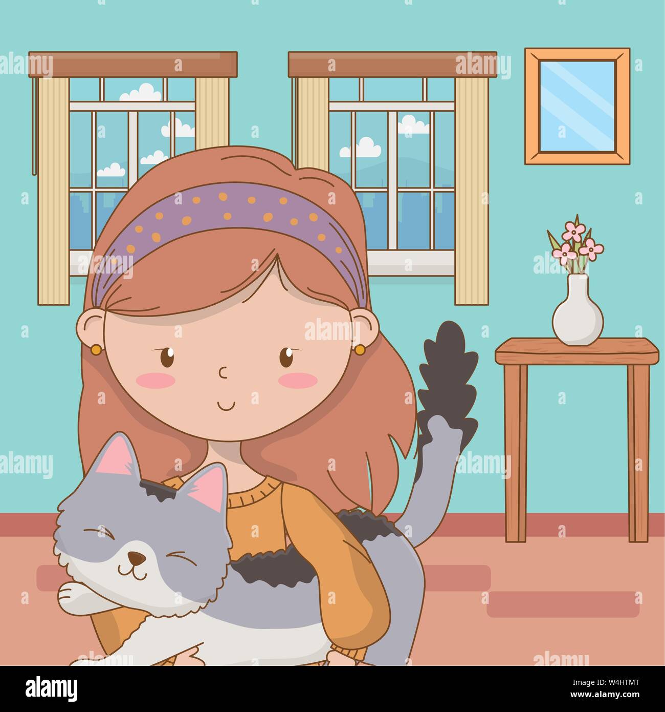 Girl with cat cartoon design, Mascot pet animal domestic cute life ...