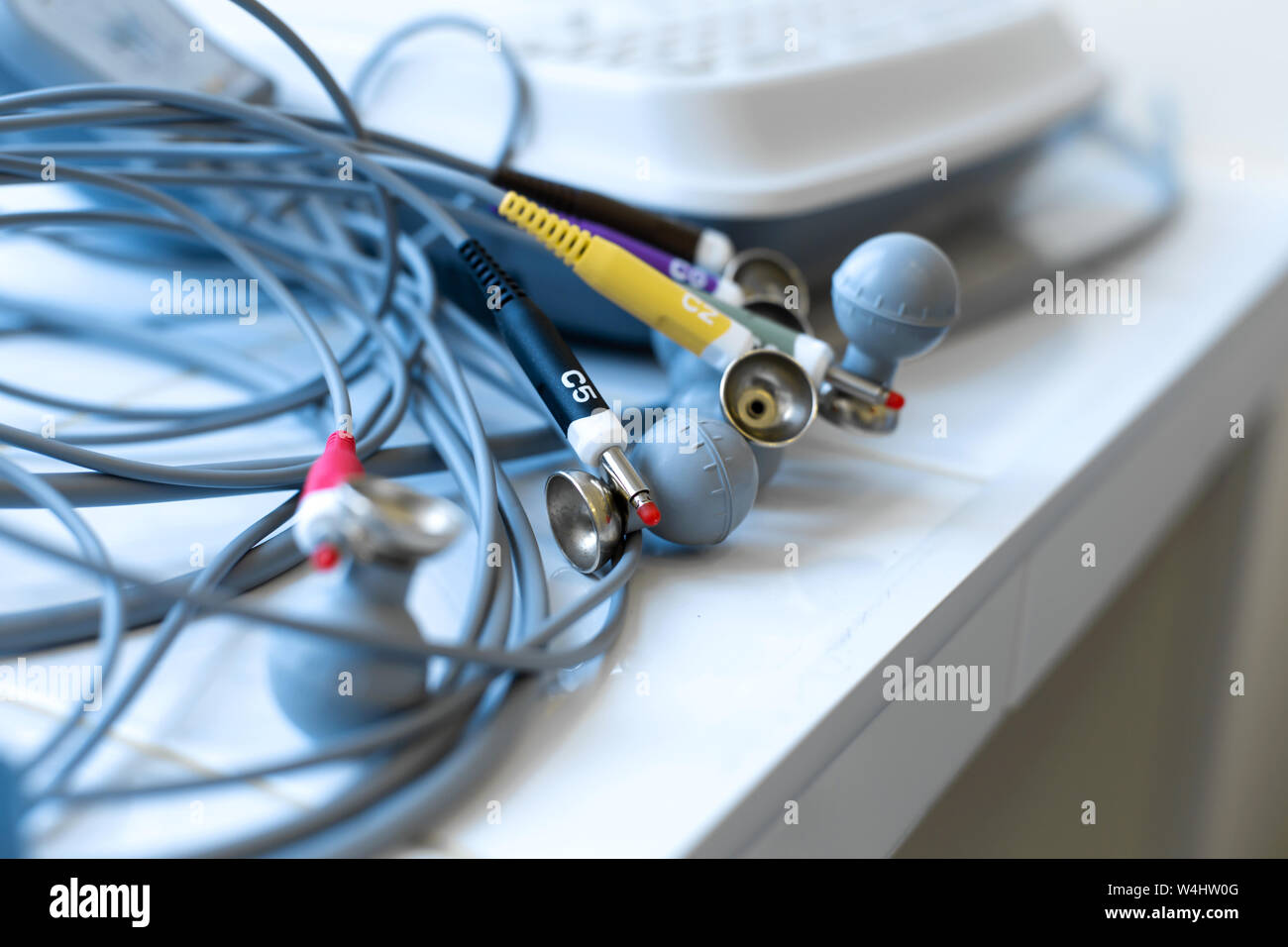 Close-up electrodes of a medical electrocardiograph for ECG removal ...