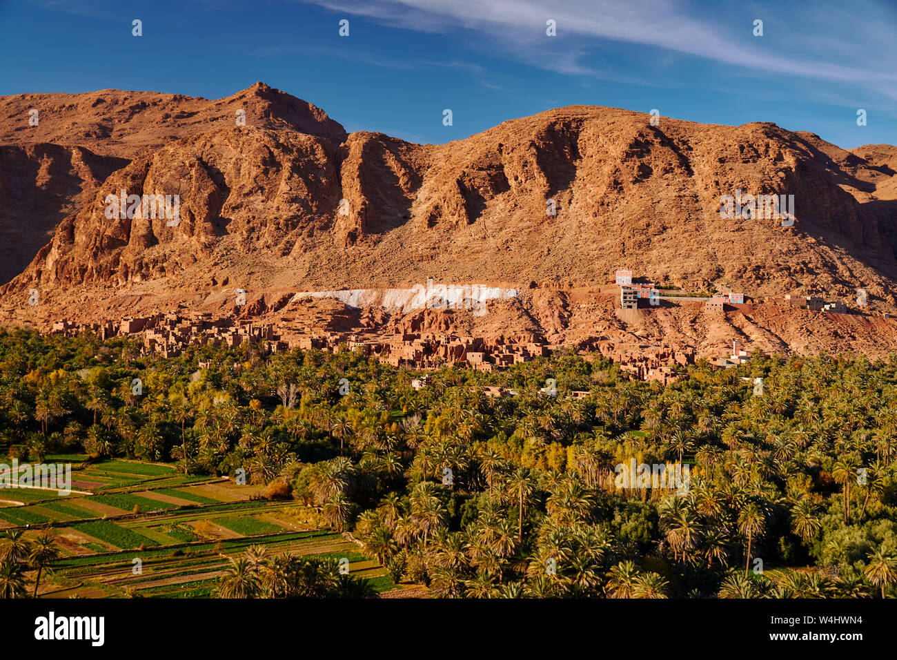 Wide shot of ruins of an ancient desert town with big oasis and ...