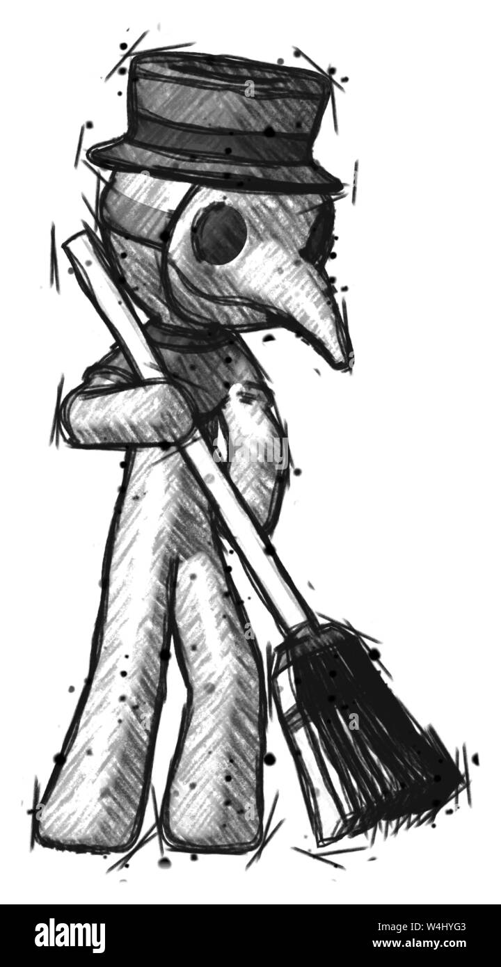 Sketch plague doctor man sweeping area with broom Stock Photo - Alamy