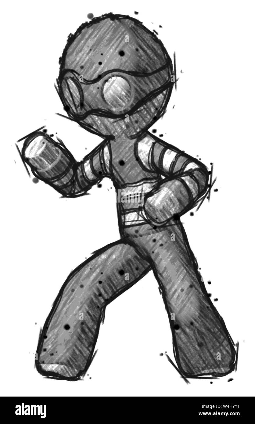 Sketch thief man martial arts defense pose left Stock Photo - Alamy