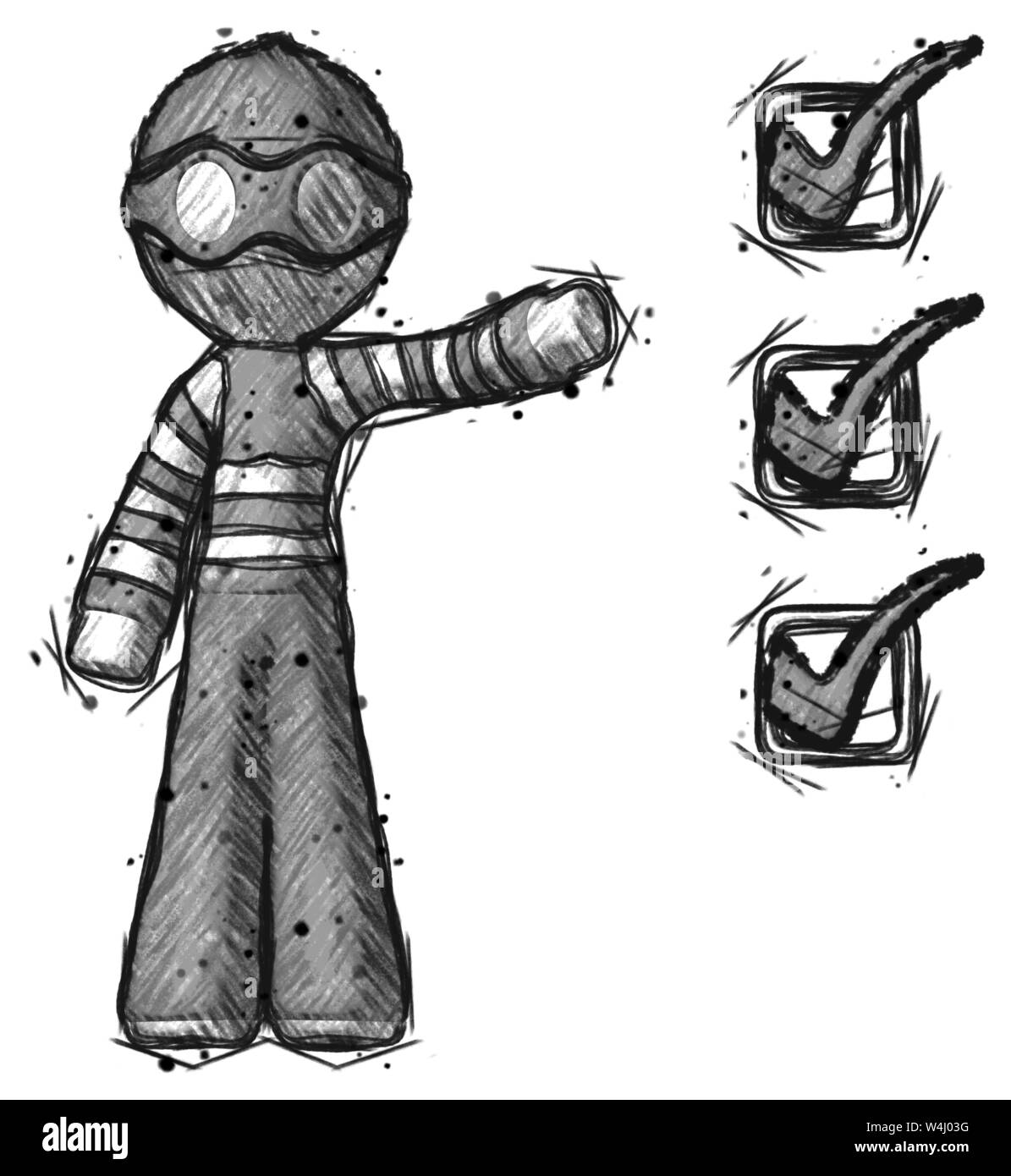 Sketch thief man arm pointing to list of checkmarks Stock Photo - Alamy