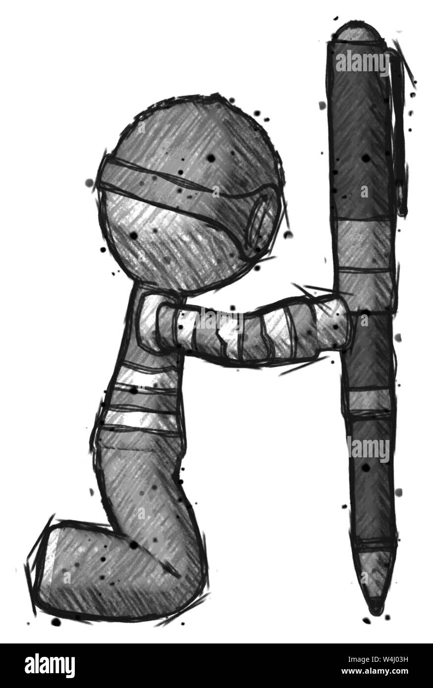 Sketch thief man posing with giant pen in powerful yet awkward manner ...