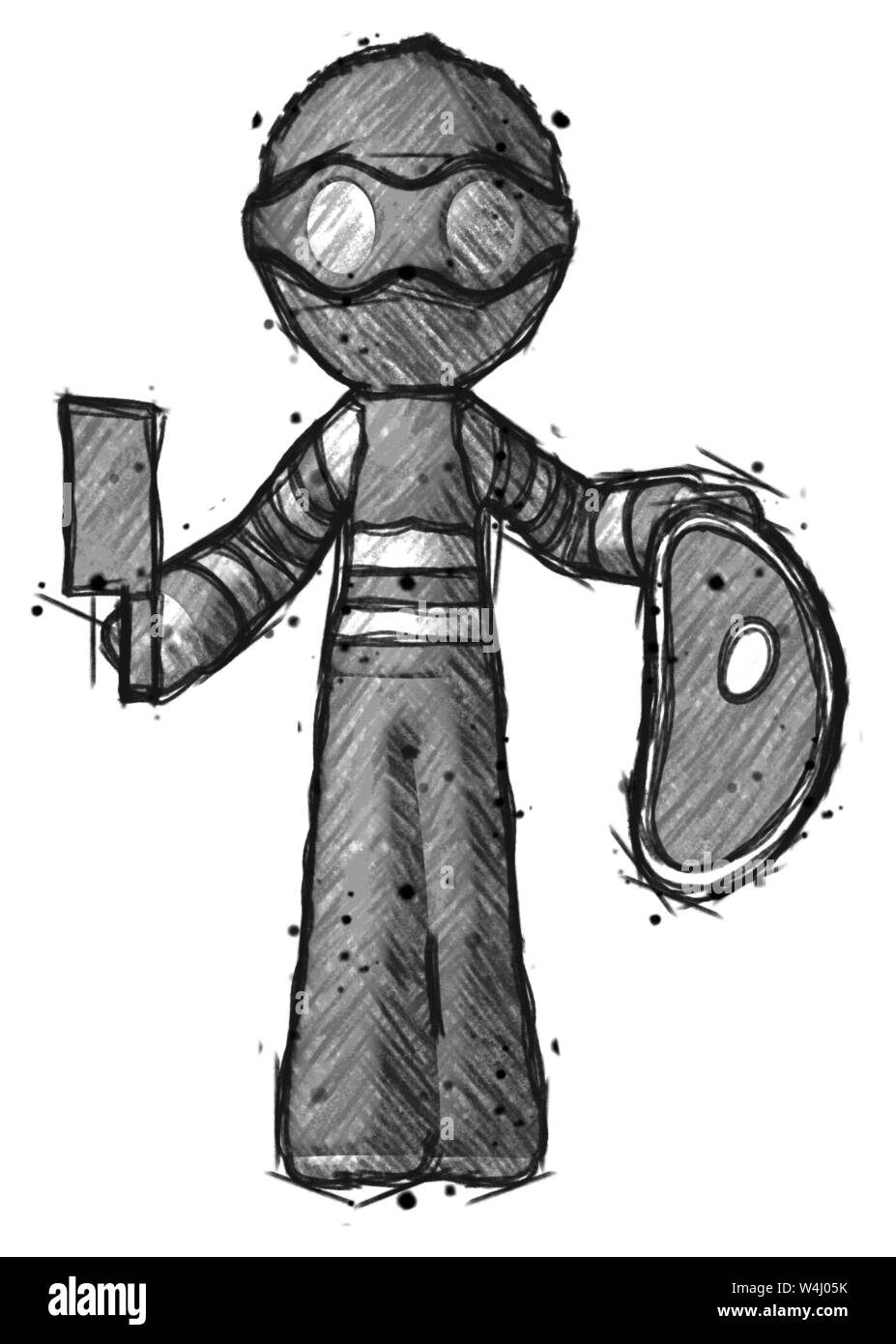 Sketch thief man holding large steak with butcher knife Stock Photo - Alamy