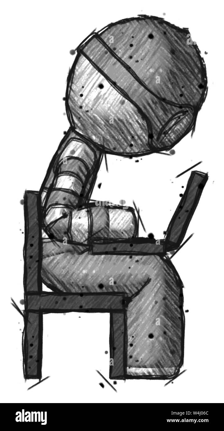 Sketch thief man using laptop computer while sitting in chair view from ...