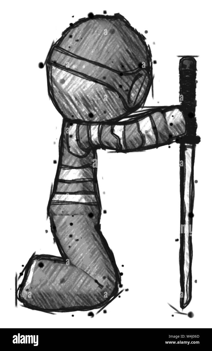 Sketch thief man kneeling with ninja sword katana showing respect Stock ...