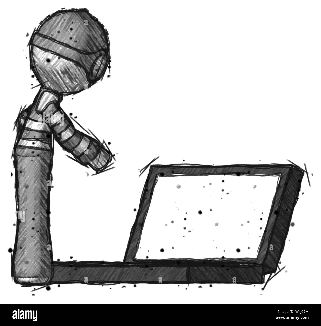 Sketch thief man using large laptop computer side orthographic view ...