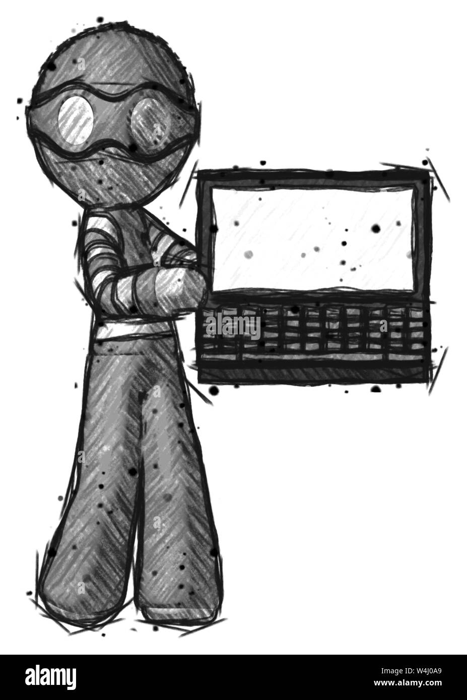 Sketch thief man holding laptop computer presenting something on screen ...