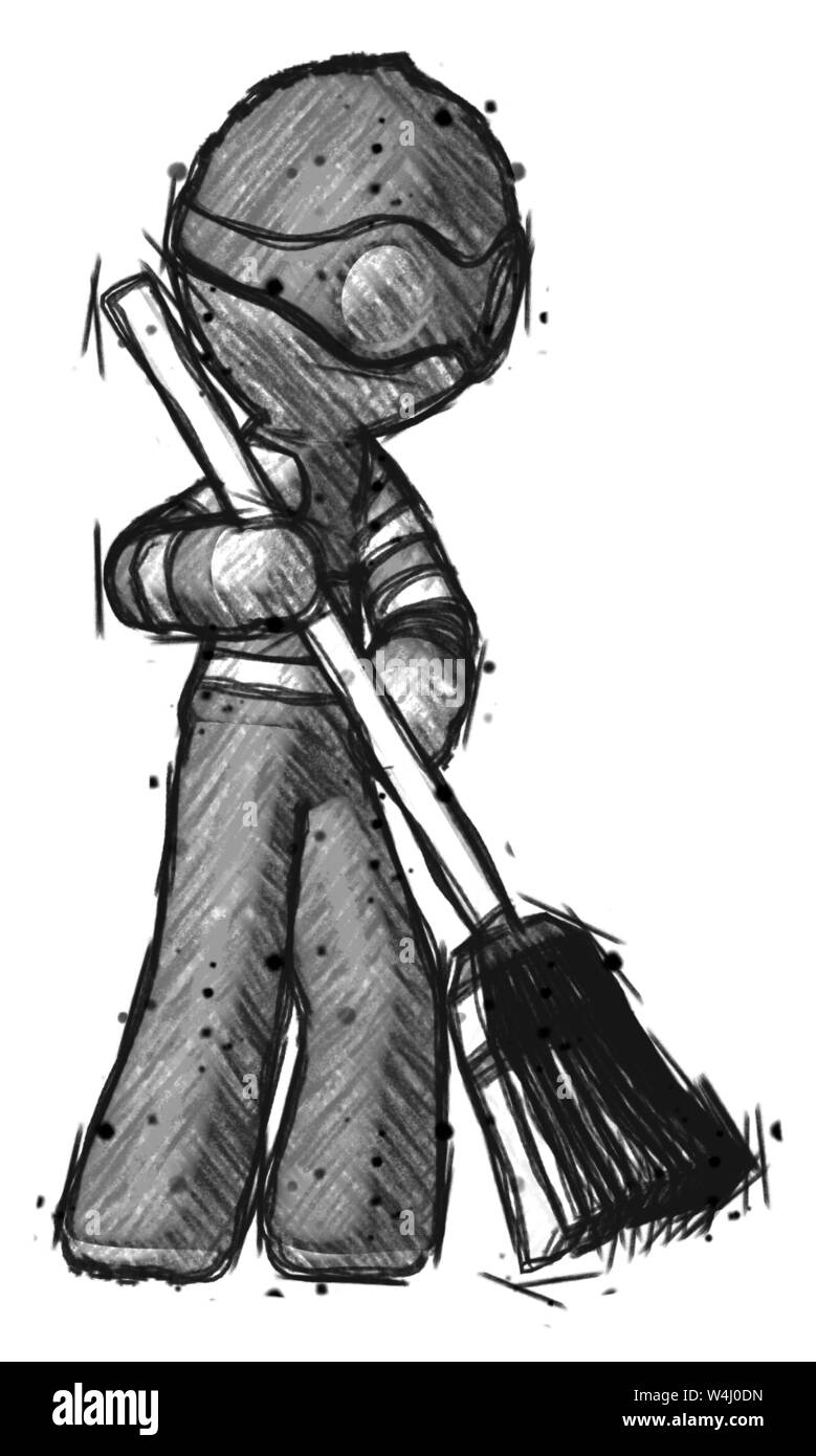 Sketch thief man sweeping area with broom Stock Photo - Alamy