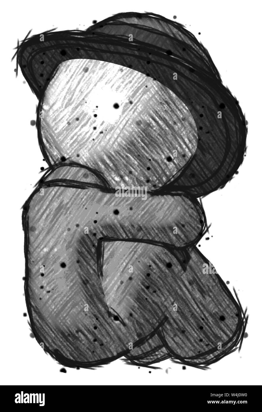 Sketch detective man sitting with head down back view facing right ...