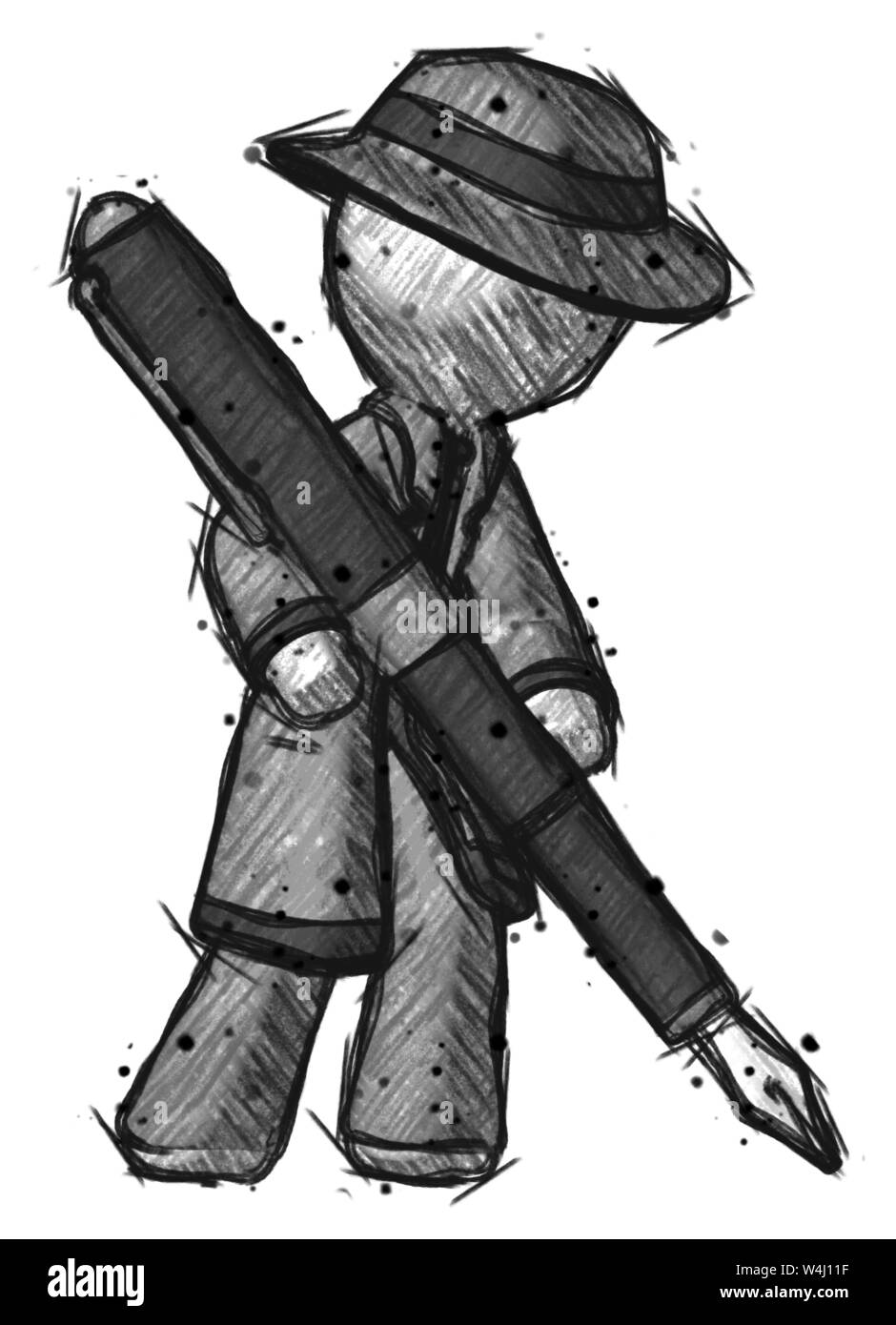 Sketch detective man drawing or writing with large calligraphy pen ...