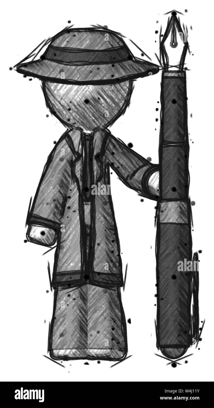 Sketch detective man holding giant calligraphy pen Stock Photo - Alamy