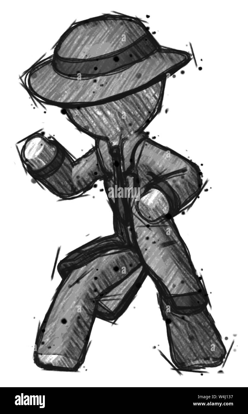 Sketch detective man martial arts defense pose left Stock Photo - Alamy