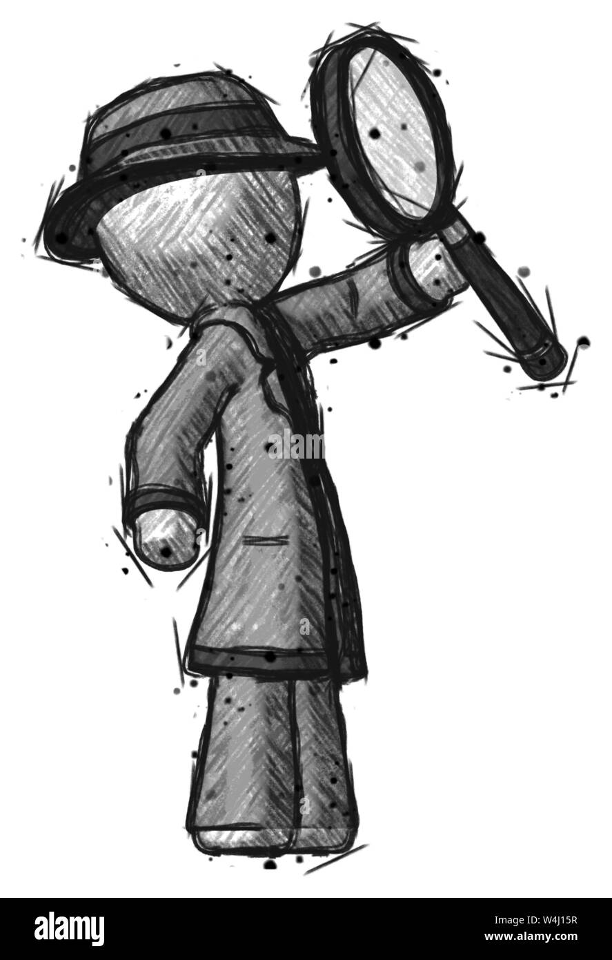 Sketch detective man inspecting with large magnifying glass facing up ...